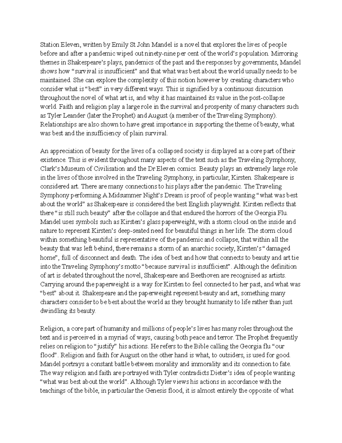 Station Eleven Essay - Exploring "Survival is Insufficient" Themes ...