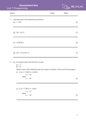 Unit 6 Assessment - Algorithms - Name: Class: Mark: 1. (a) What is an ...