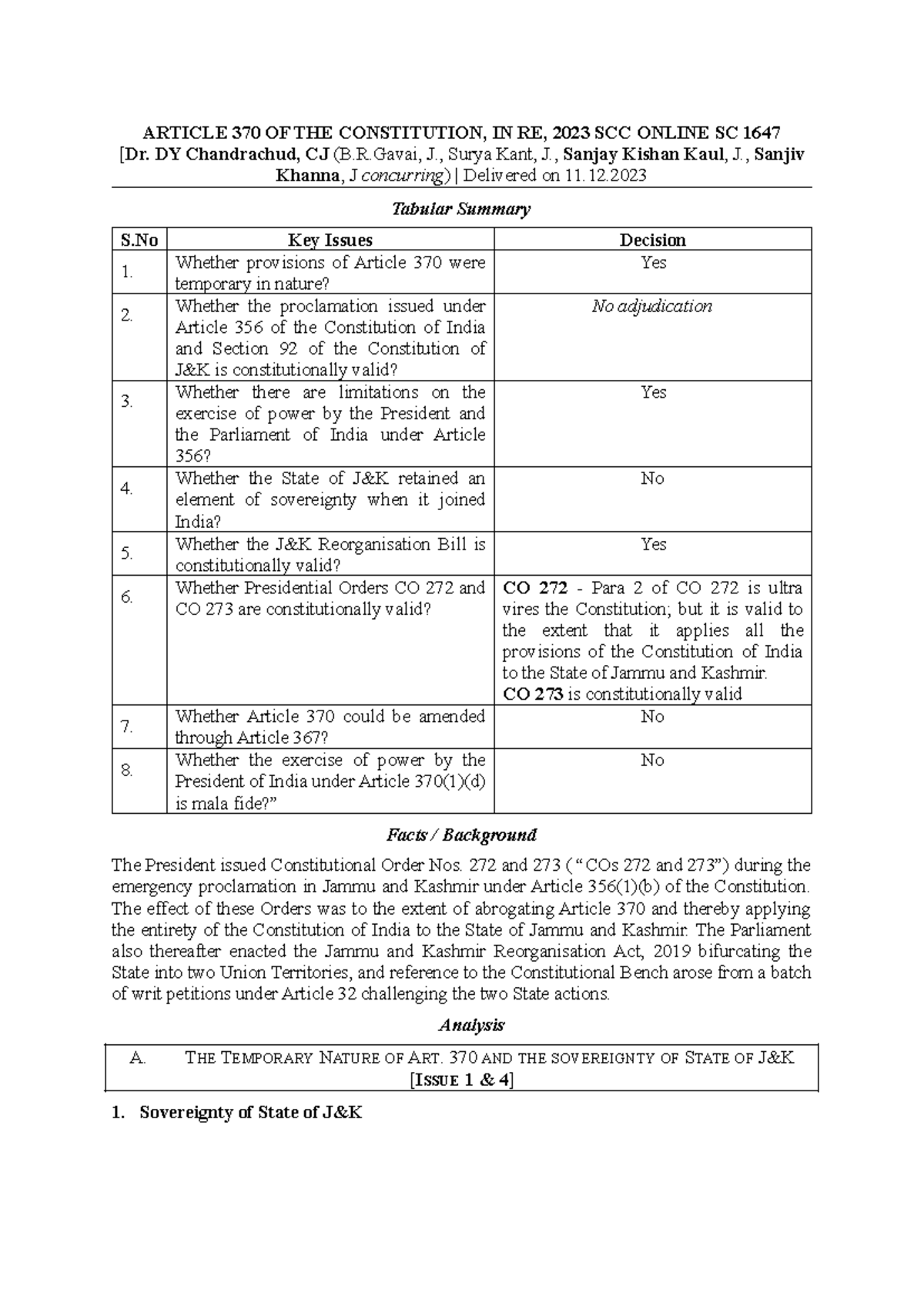 Article 370: Constitutional Validity & Key Issues - 2023 SCC Online SC ...