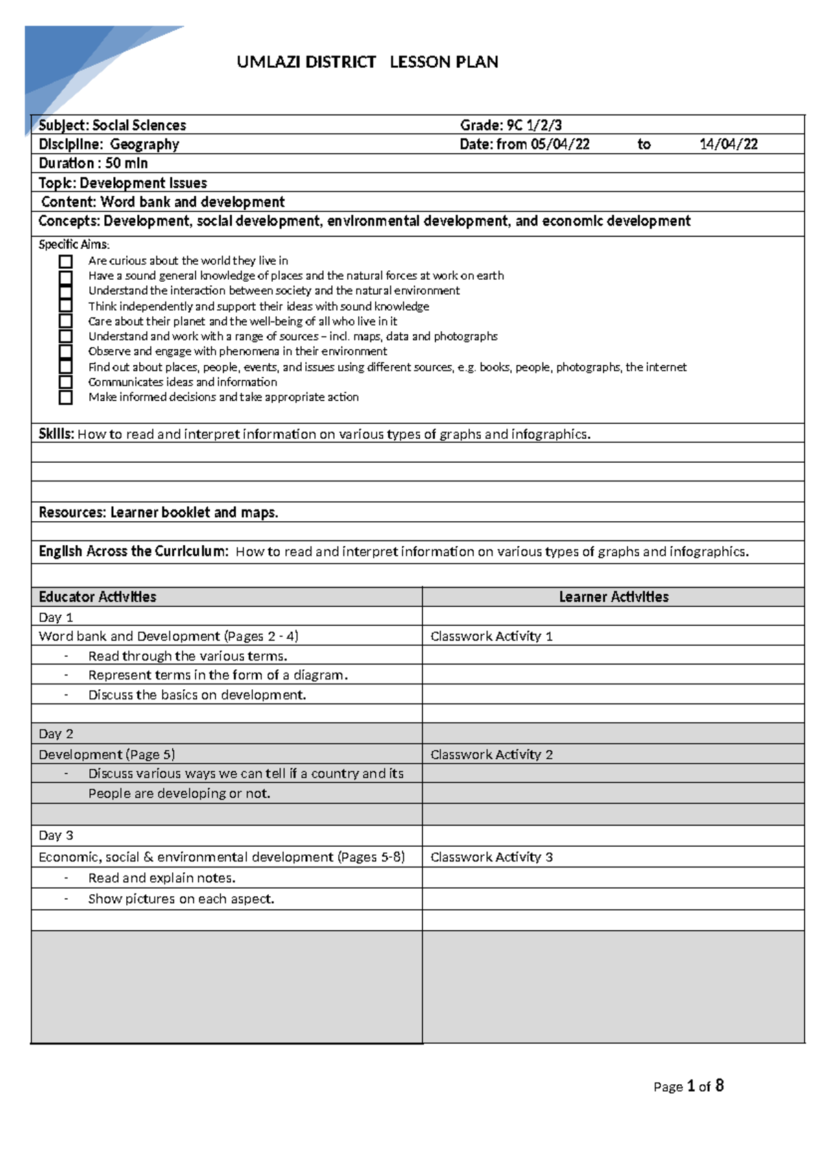 Gr9 CAPS Geography Lesson Plans T2: Development Issues Analysis - Studocu