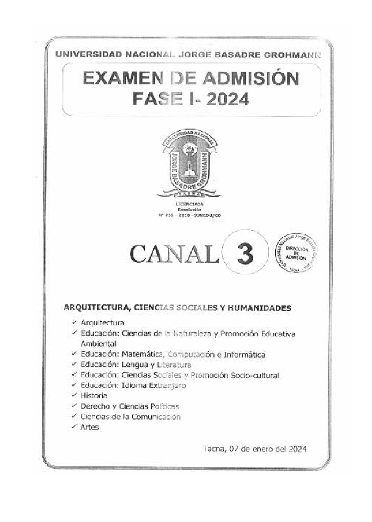Examen de Admisión 2024 - Universidad Nacional Jorge Basadre Grohmann ...