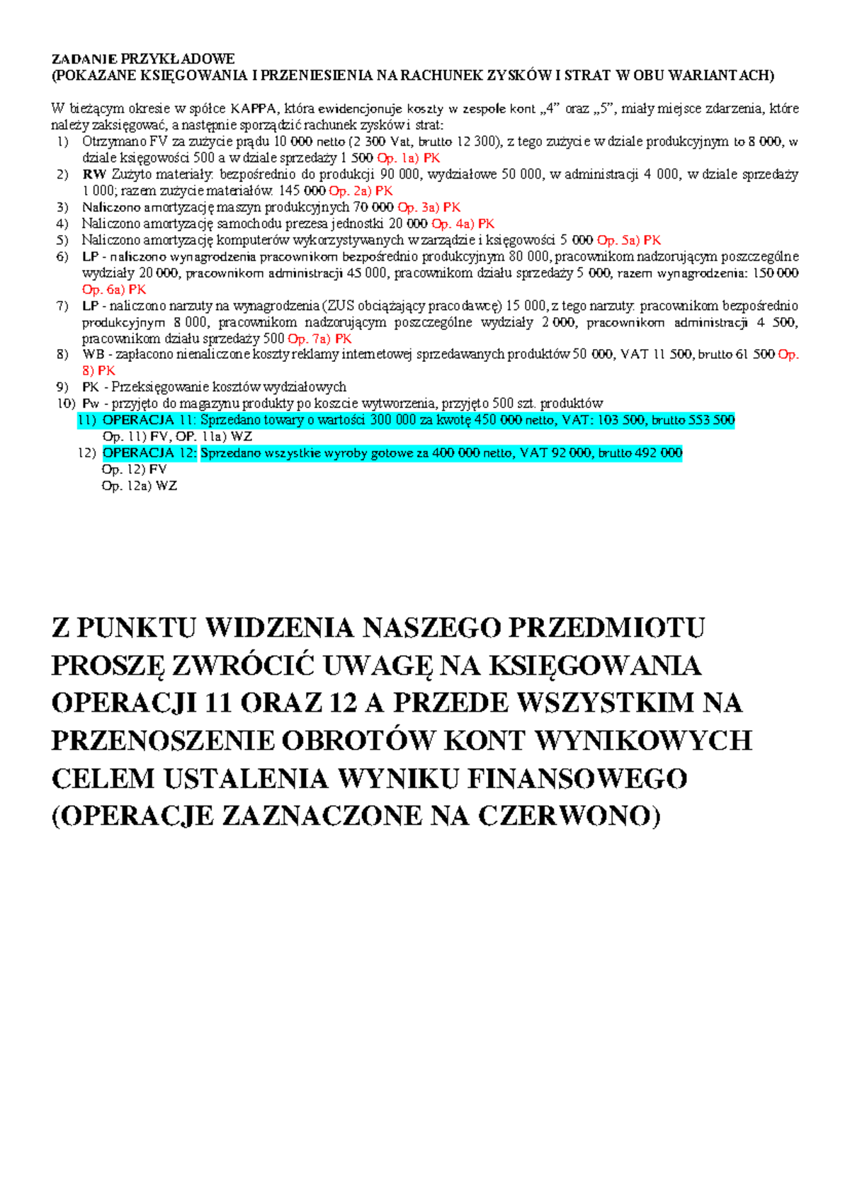 Zadanie Przykładowe: Księgowania i Rachunek Zysków i Strat - rzis - Studocu