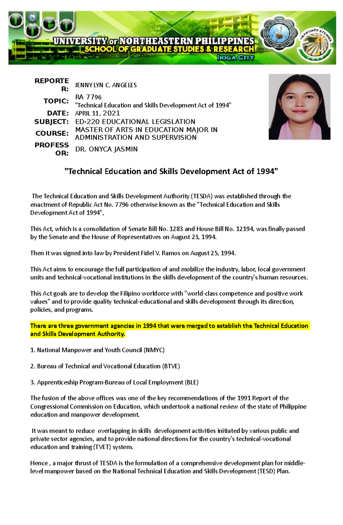 RA 7796: Overview of the Technical Education and Skills Development Act ...