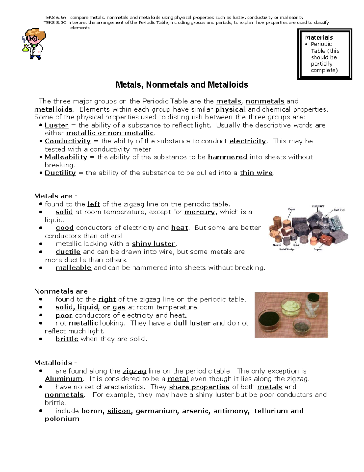 TEKS 6.6A & 8.5C: Metals, Nonmetals, and Metalloids Overview - Studocu