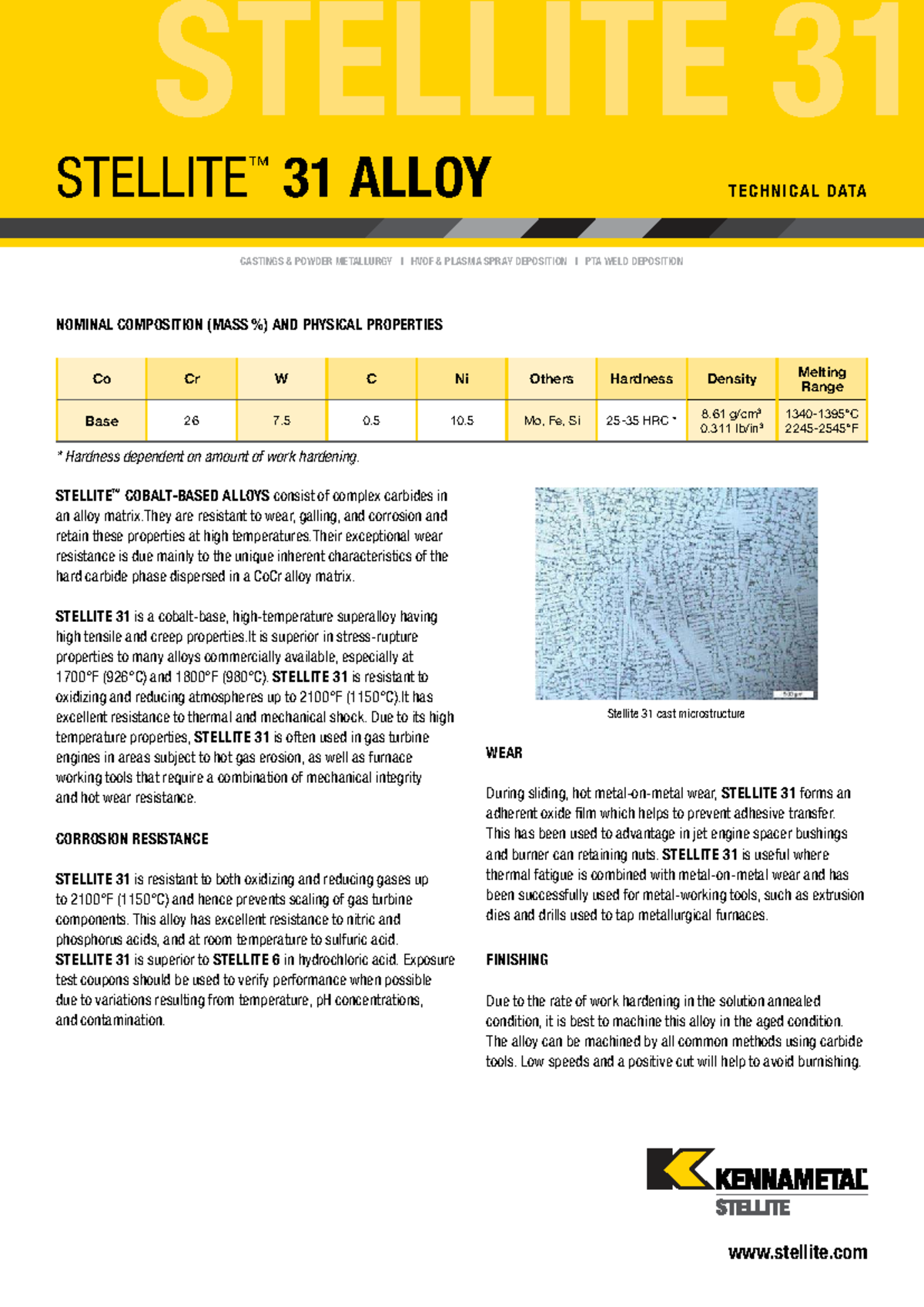 Stellite 31 Alloy Technical Data: Properties & Applications - Studocu