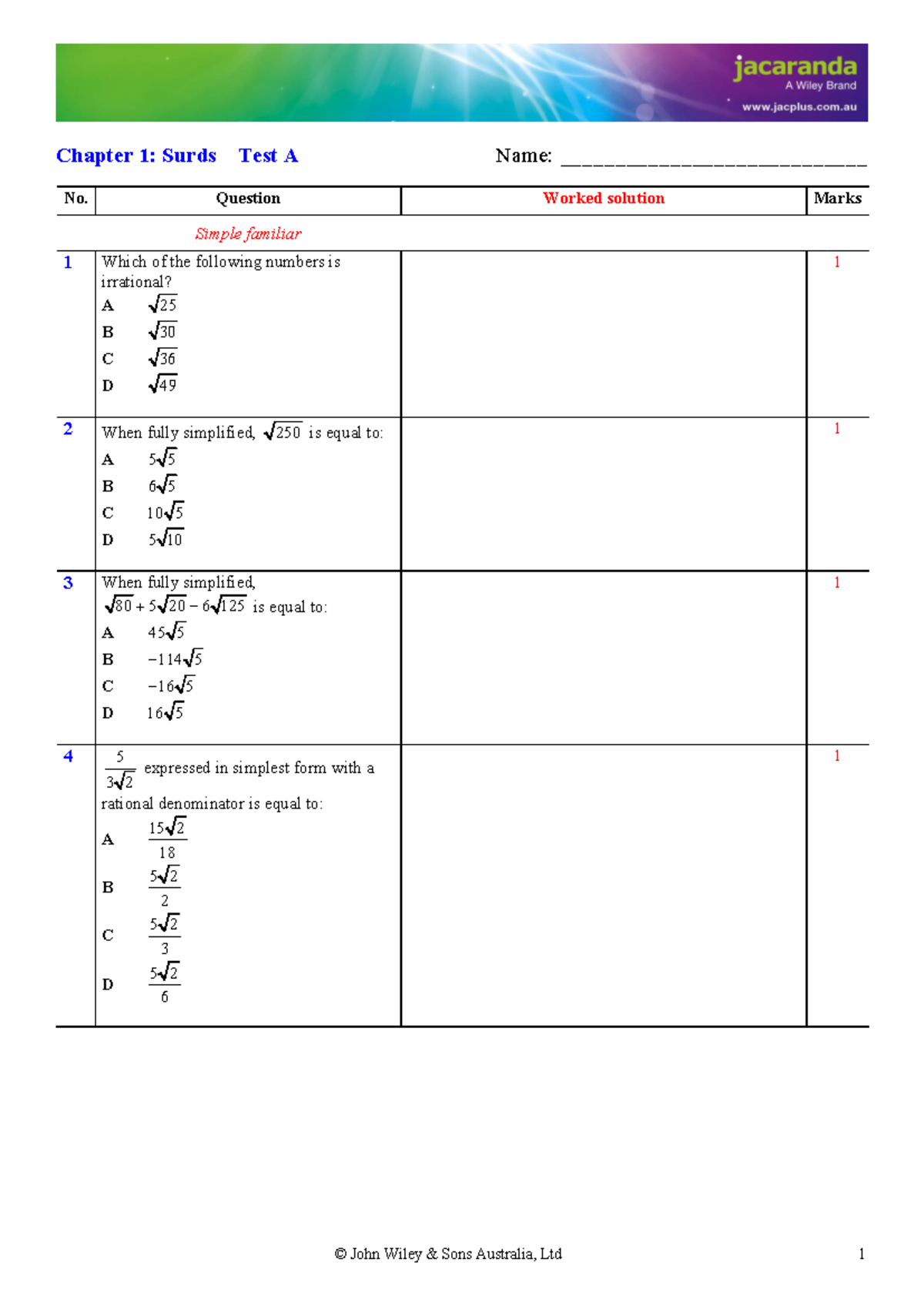Chapter 1: Surds Practice Test A - Worked Solutions and Marks - Studocu