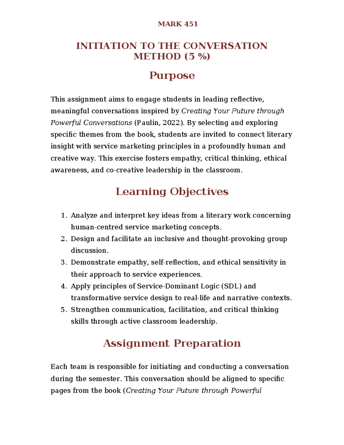 MARK 451 Conversation Guide: Engaging in Reflective Dialogue - Studocu