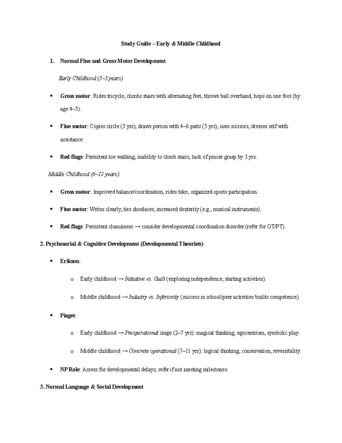 Study Guide Exam 2 PEDS: Early & Middle Childhood Development - Studocu