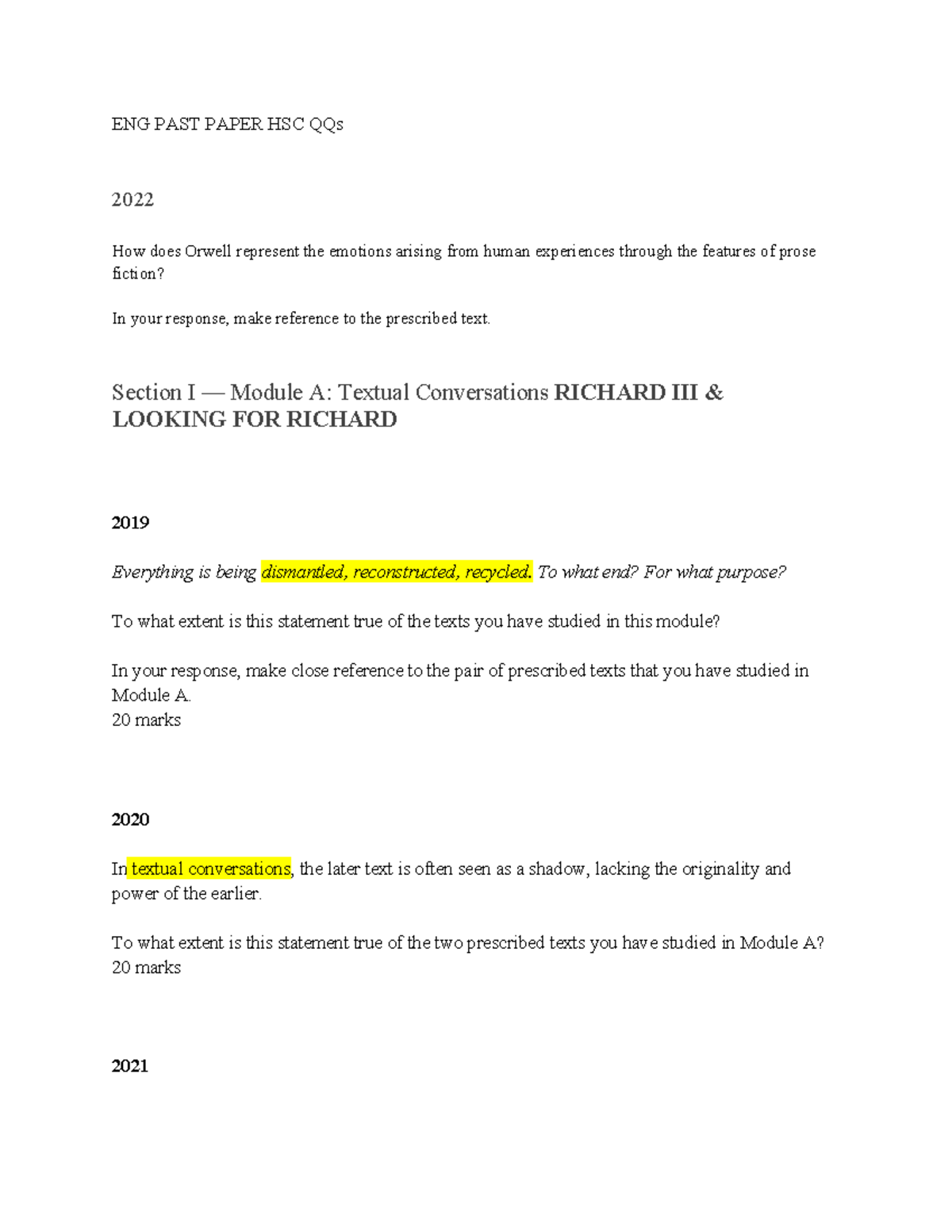 ENG ADV HSC Past Paper Questions & Textual Analysis Insights - Studocu