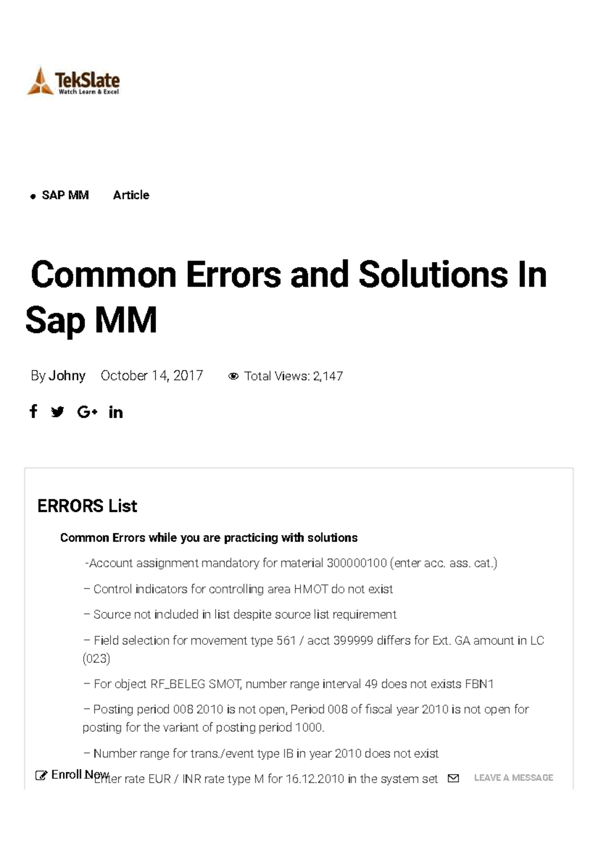 Common Errors and Solutions In Sap MM ER - ñ SAP MM Article ú ù õ ñ ...