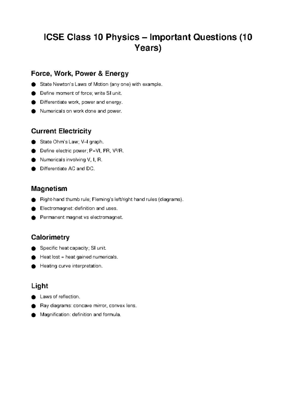 ICSE Class 10 Physics Important Questions - ICSE Class 10 Physics ...