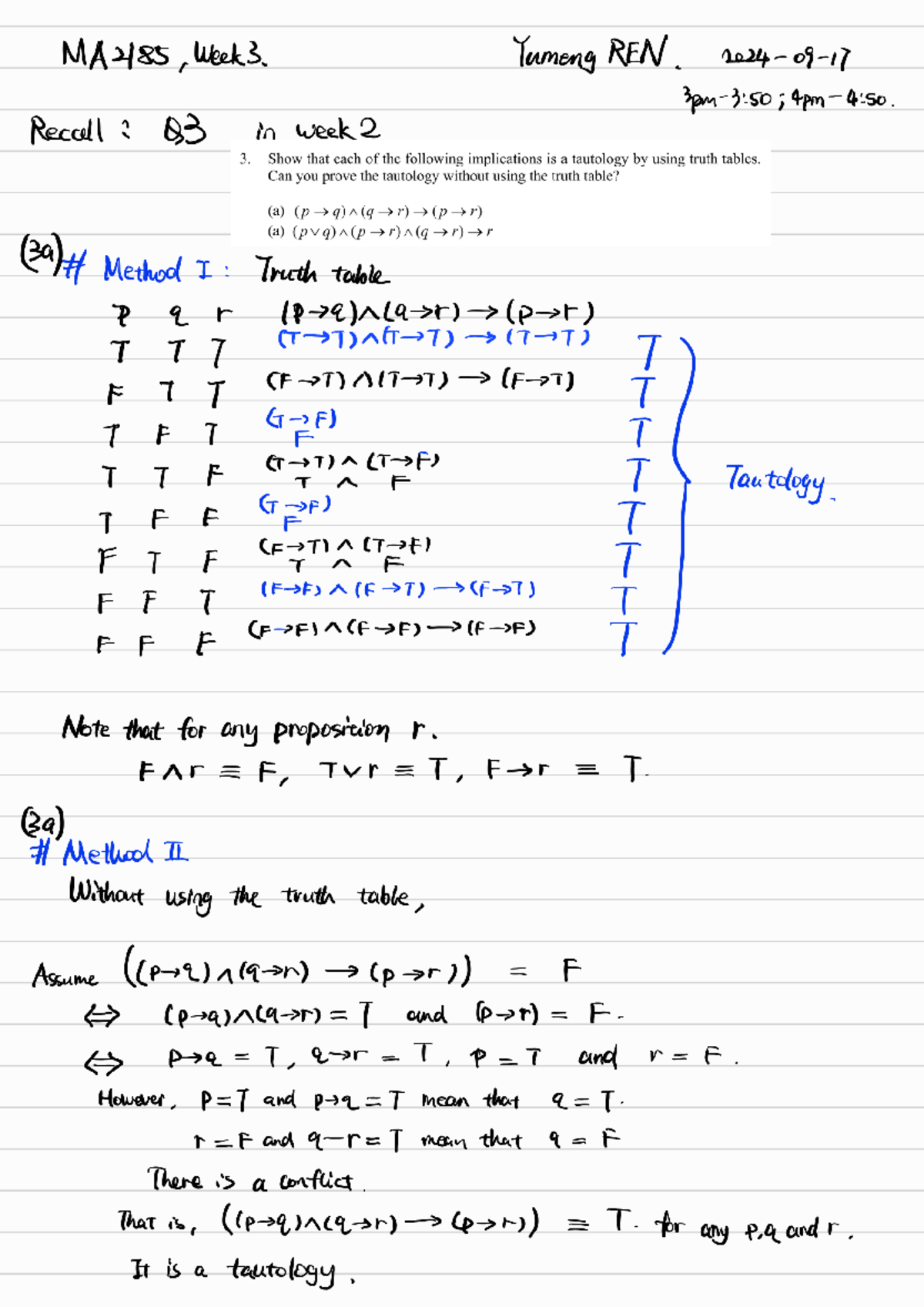 Week3 tutorial answer and note - MA285 Week3. Tumeng REN. Recall : Q3 in week2 3. Show that each ...