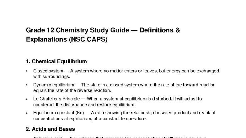 Grade 12 Chemistry Study Guide: Key Definitions & Concepts (NSC CAPS ...