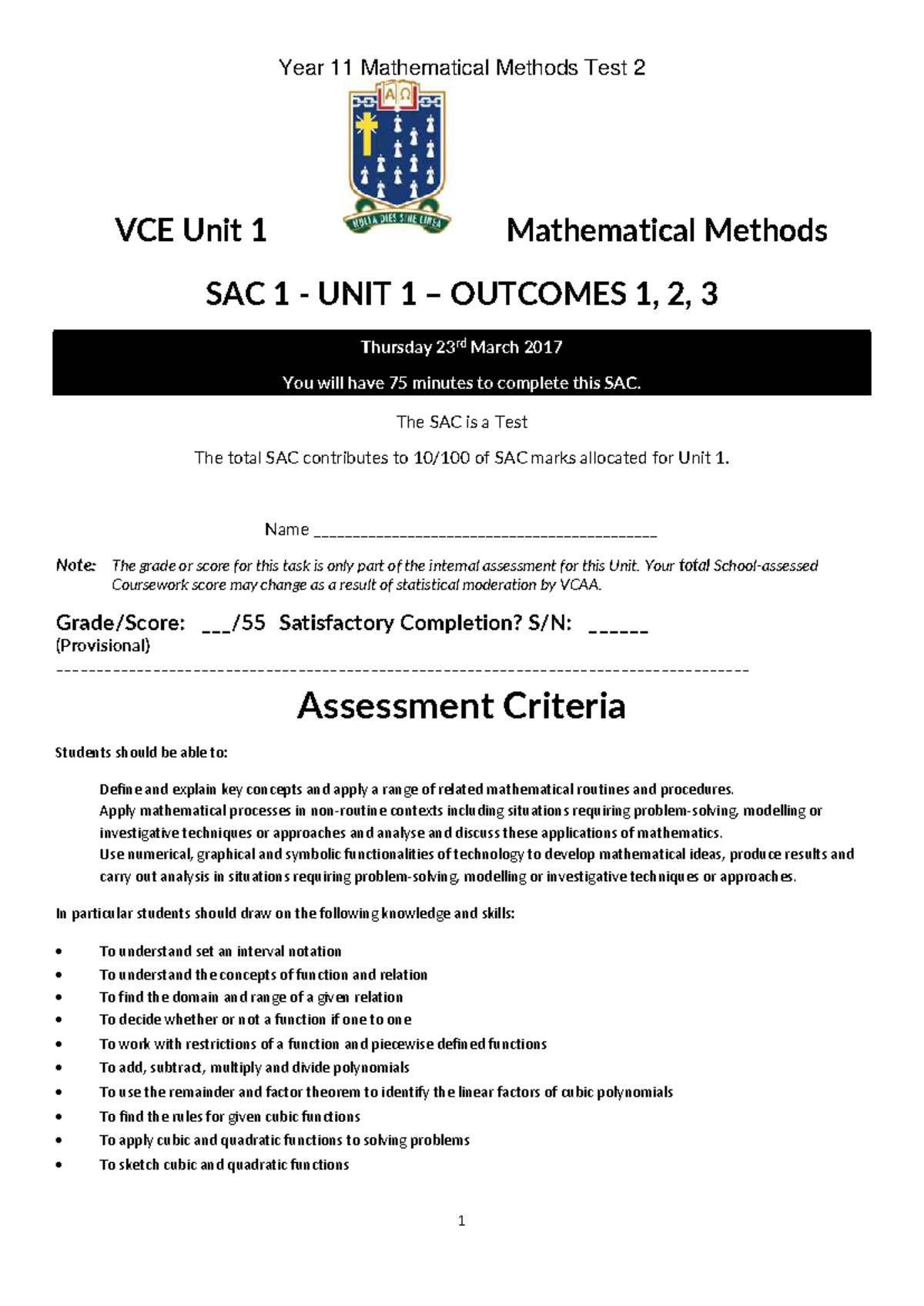Year 11 Mathematical Methods Test 2: Functions, Relations & Polynomials ...