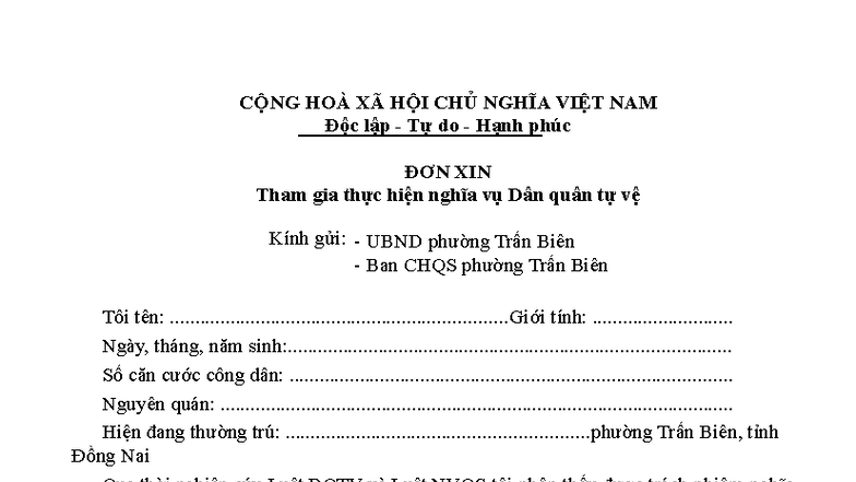 Đơn Xin Tham Gia Nghĩa Vụ Dân Quân Tự Vệ - DQTV - Studocu