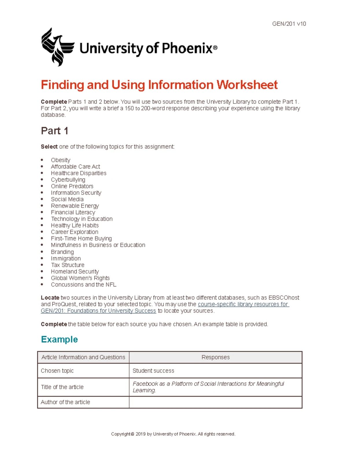 GEN/201 Information Literacy Worksheet: Week 4 Source Evaluation Guide ...