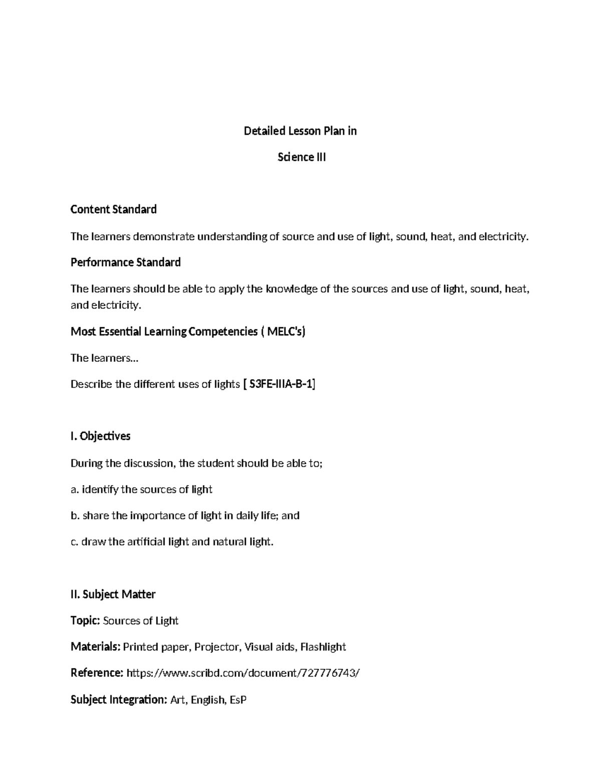 Detailed Lesson Plan in Science: Sources of Light (Pareja) - Studocu