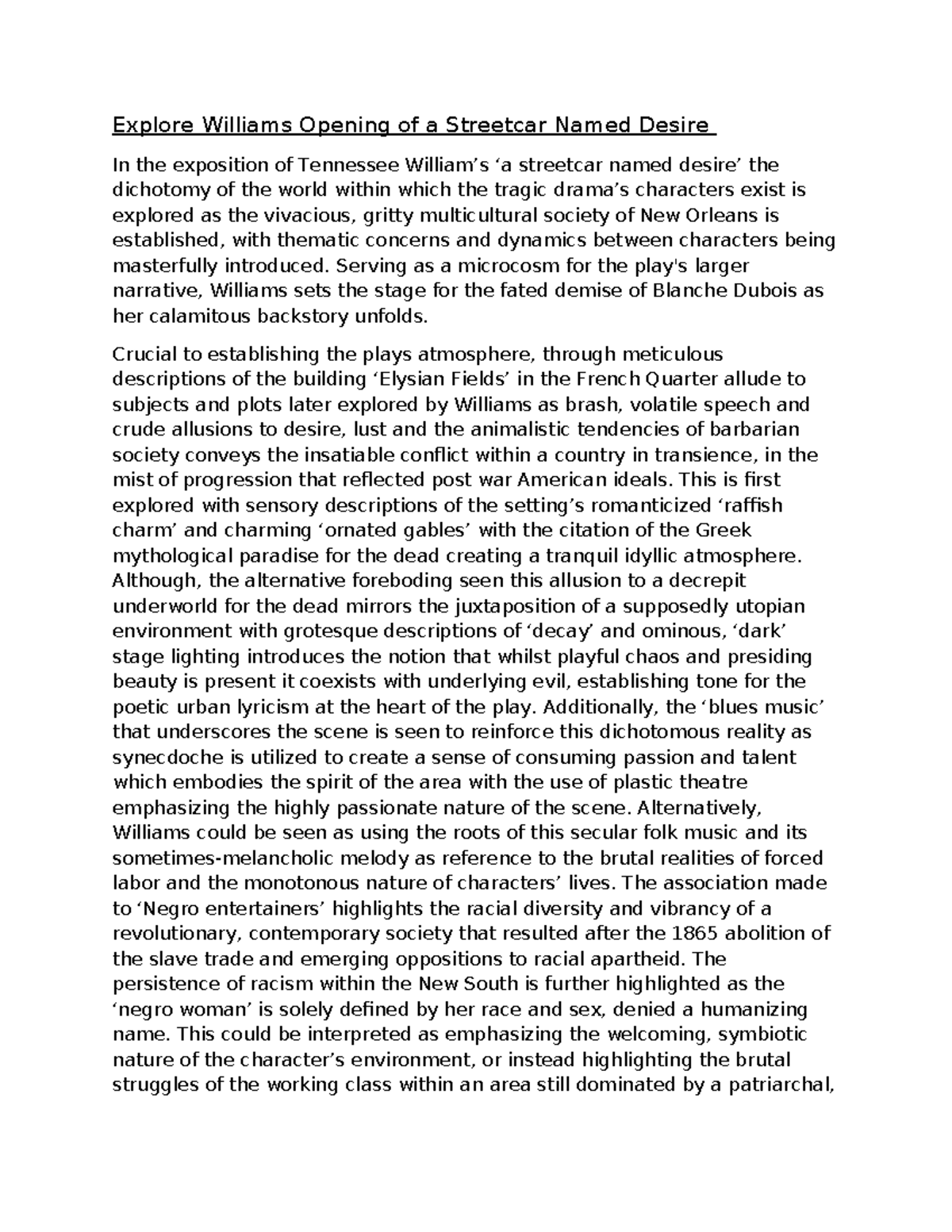 AEN 203 - Analyzing the Opening of A Streetcar Named Desire - Essay ...