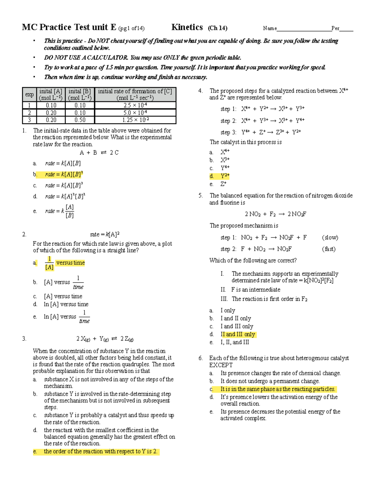 AP Chem Practice MC Kinetics Sample Questions (Unit E) - Studocu