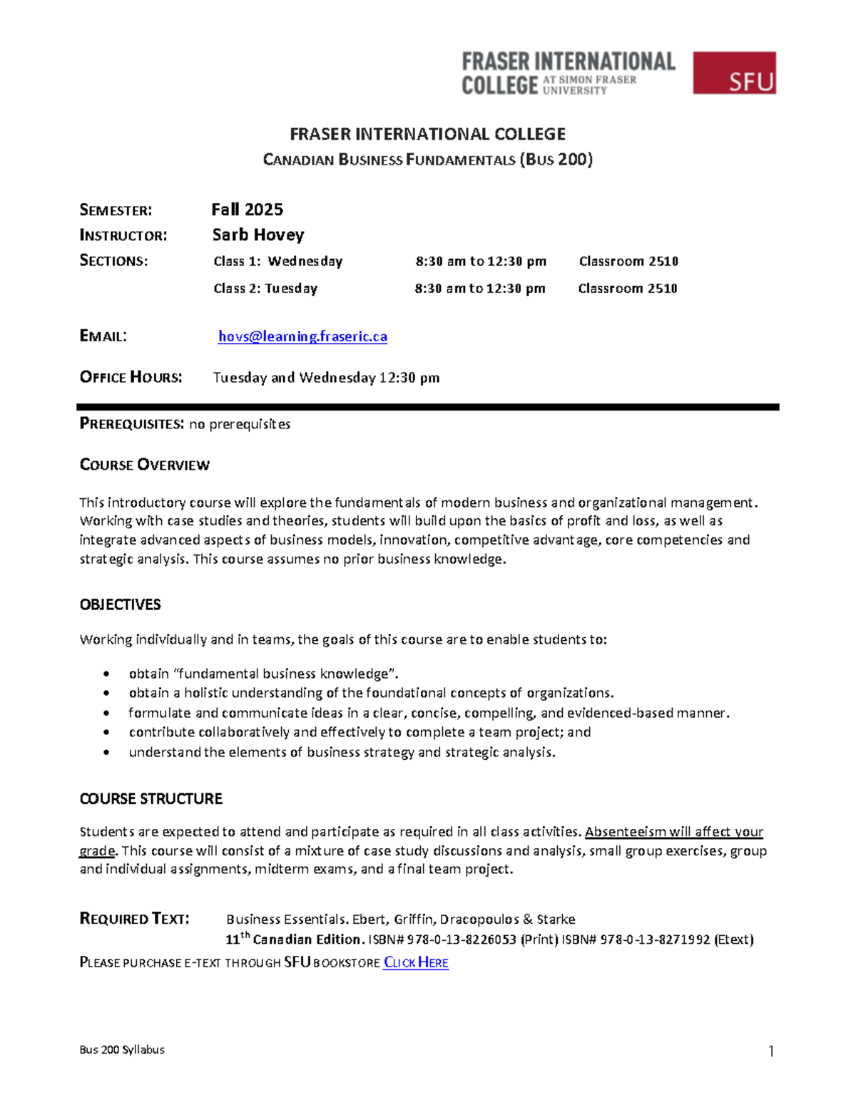 BUS 200: Canadian Business Fundamentals Syllabus - Fall 2025 - Studocu