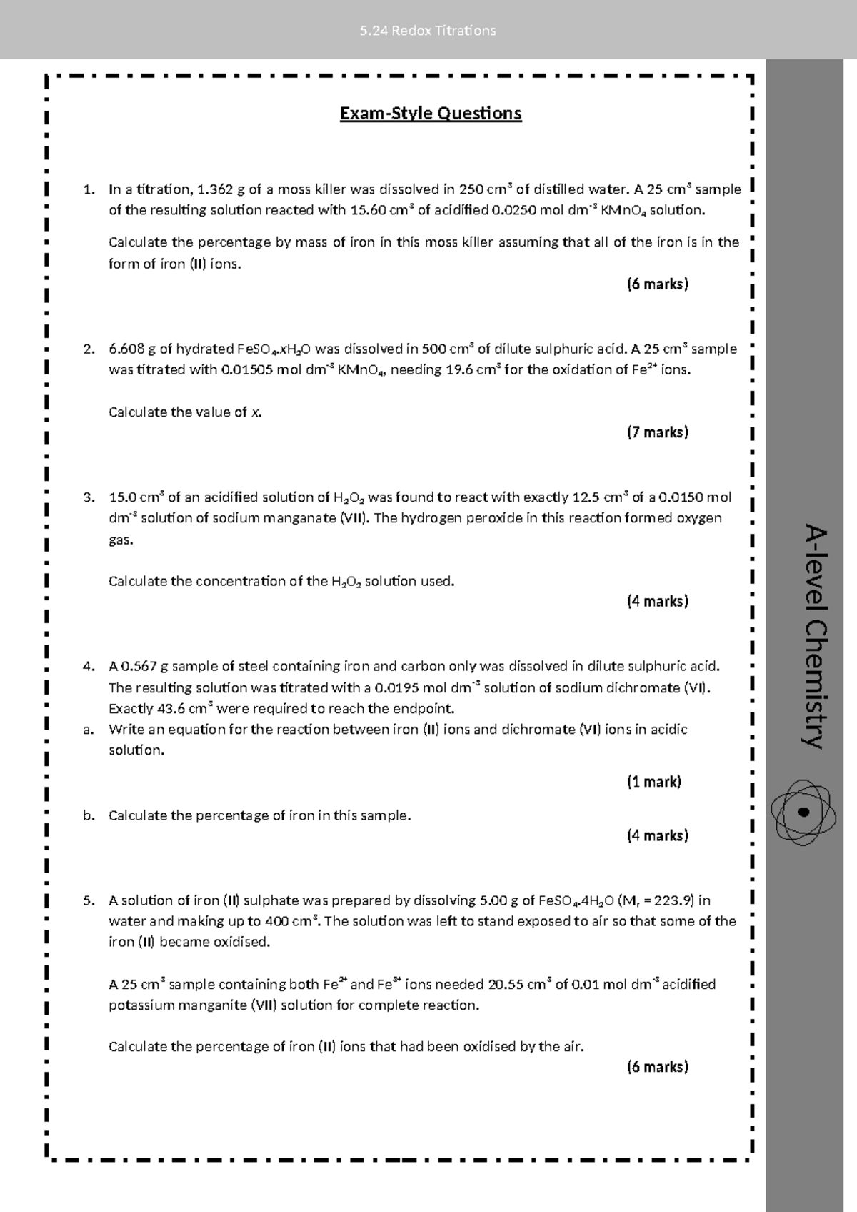A-level Chemistry (OCR): Redox Titration Exam-Style Questions ...