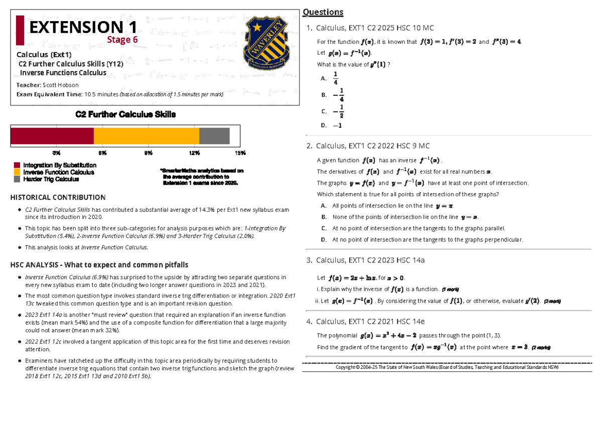 Inverse Functions (Non-Trig) - EXT1 C2 Further Calculus Skills - Studocu
