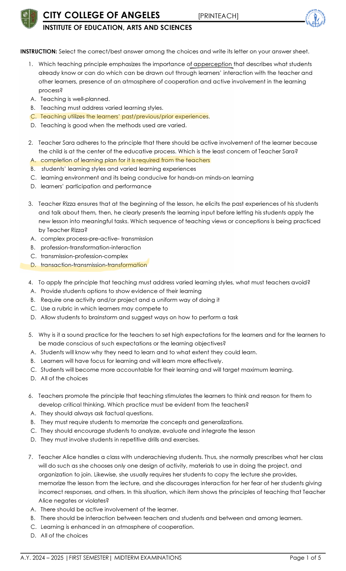 A.Y. 2024-2025 CITY COLLEGE MIDTERM EXAM REVIEWER ON TEACHING ...