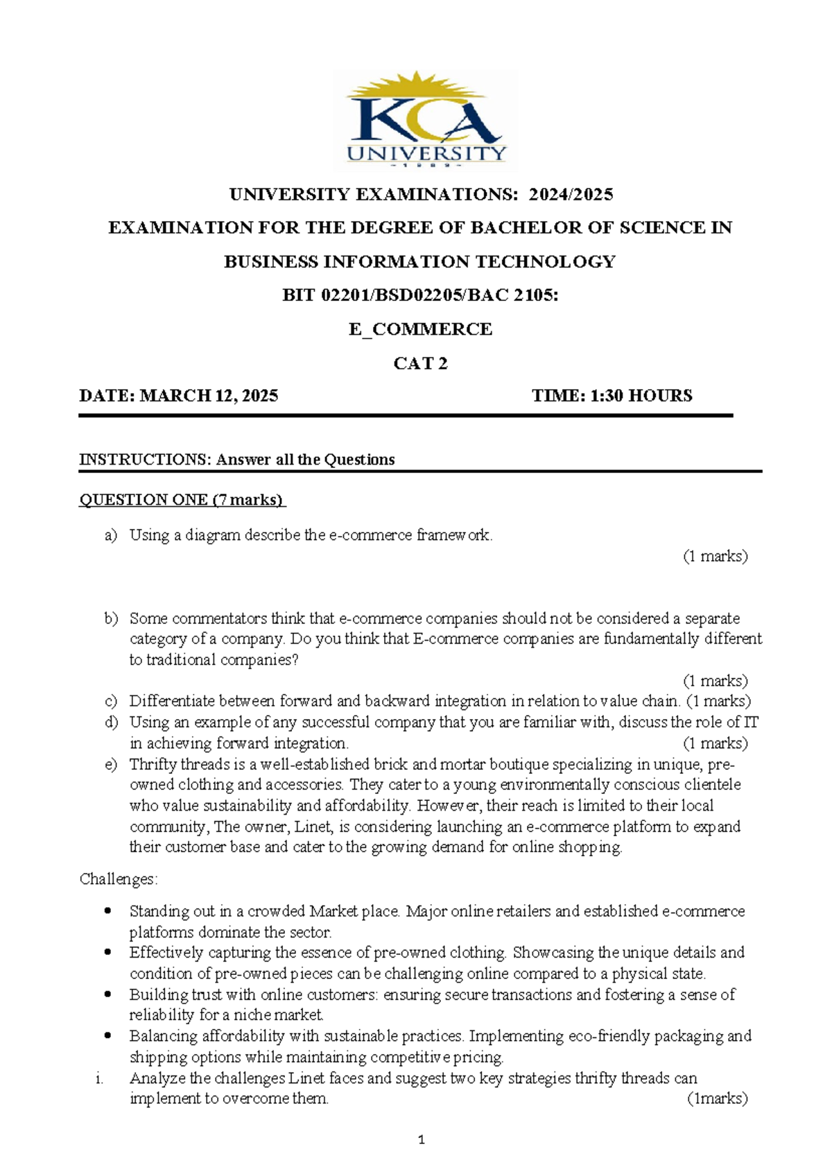 CAT 2 Mar - k,tuk - UNIVERSITY EXAMINATIONS: 2024/ EXAMINATION FOR THE ...