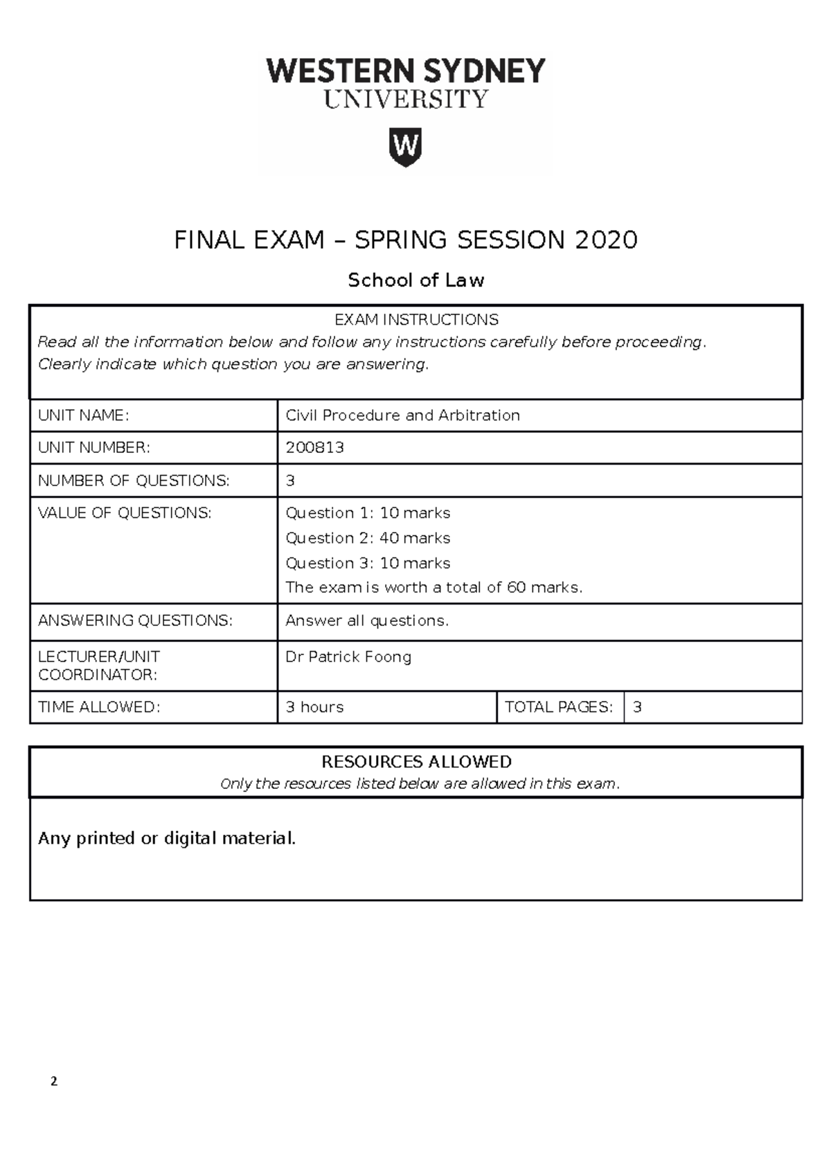 2008 13 Civil Procedure and Arbitration - Final Exam - Spring 2020 - FINAL EXAM – SPRING SESSION ...