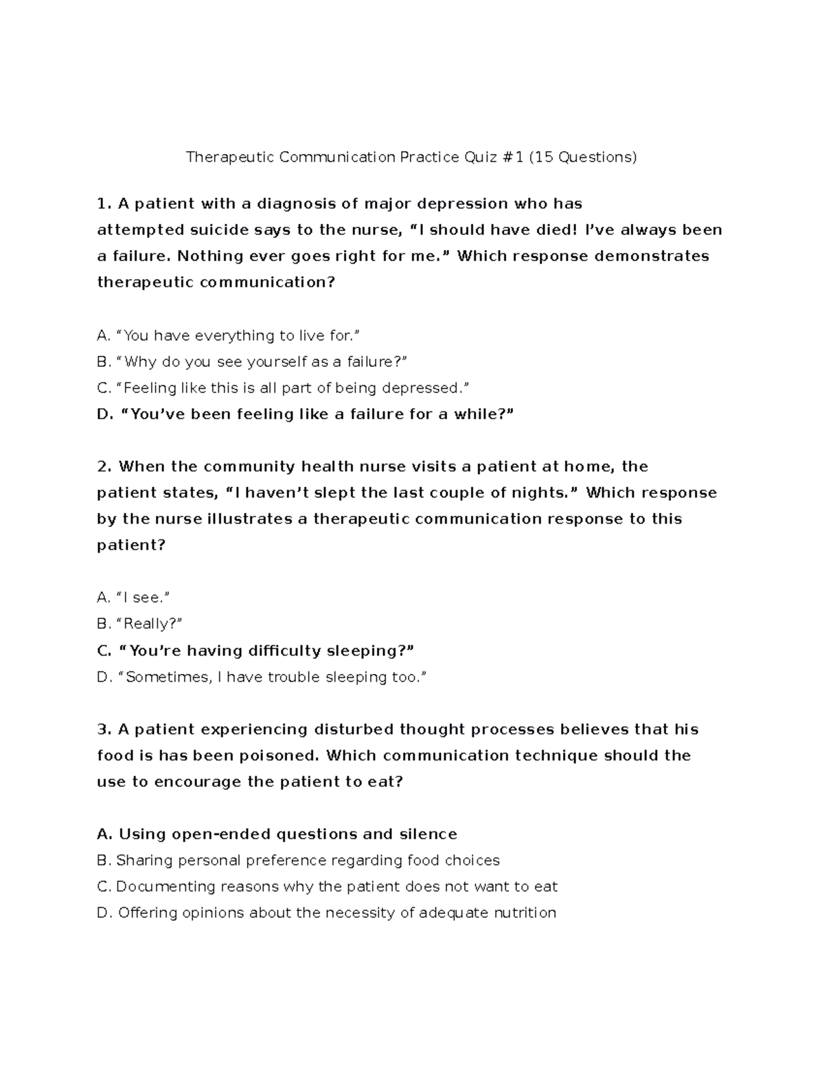 Therapeutic Communication Practice Quiz - A patient with a diagnosis of ...