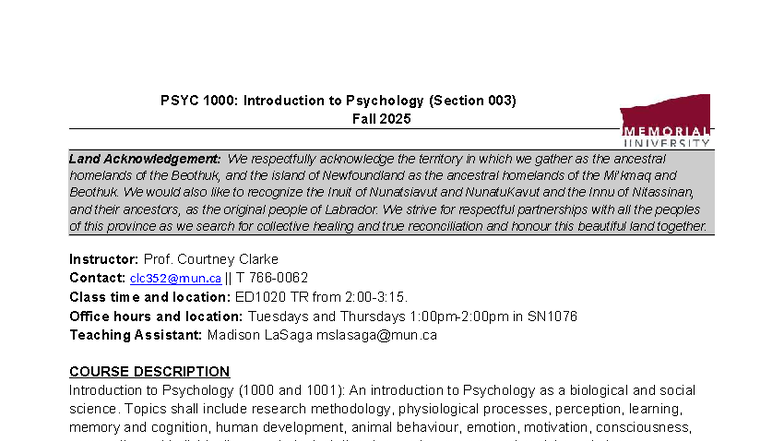 PSYC 1000-003 Fall 2025 Course Syllabus and Land Acknowledgement - Studocu