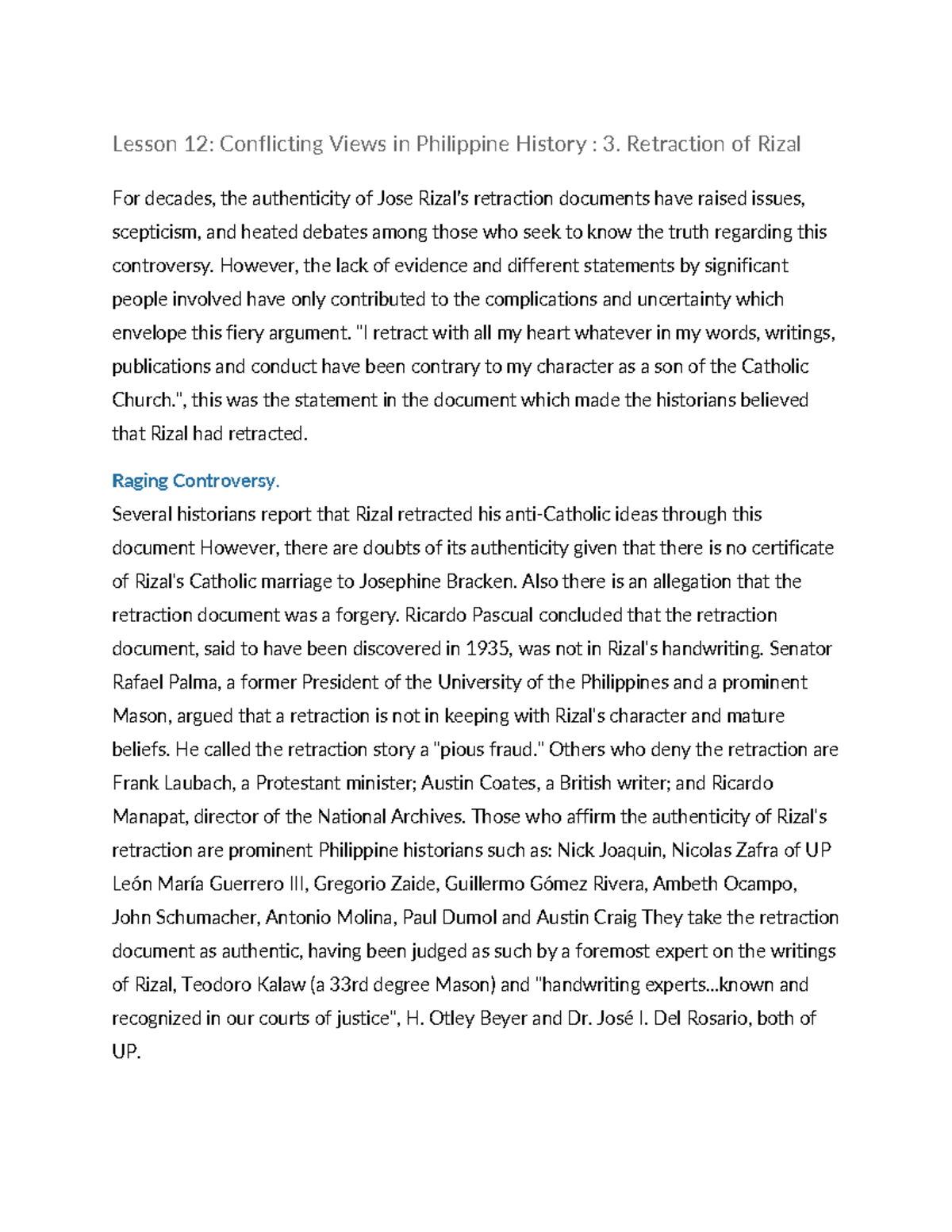 Lesson 12: Retraction Controversy of Rizal in Philippine History - Studocu