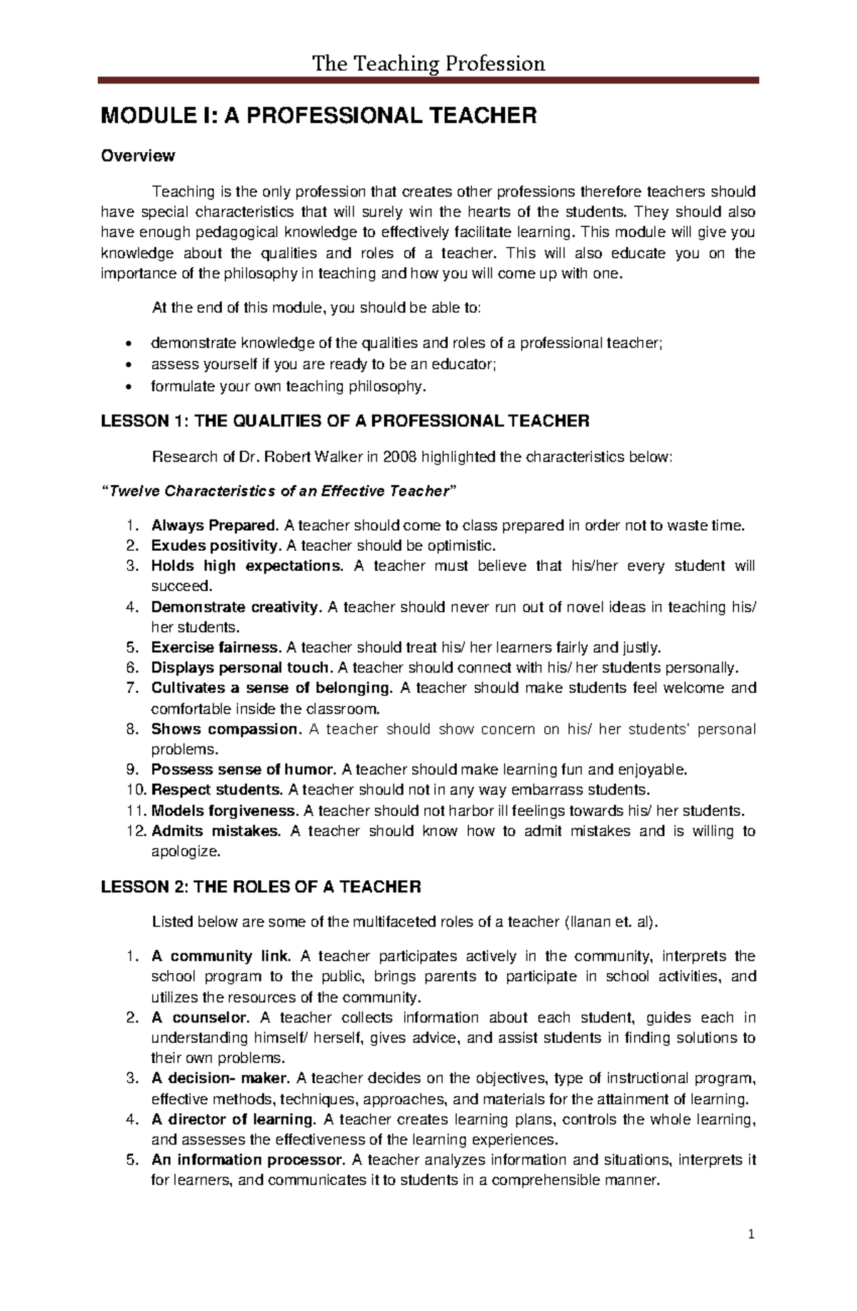 Teaching Profession Module I: Qualities & Roles of a Teacher - Studocu