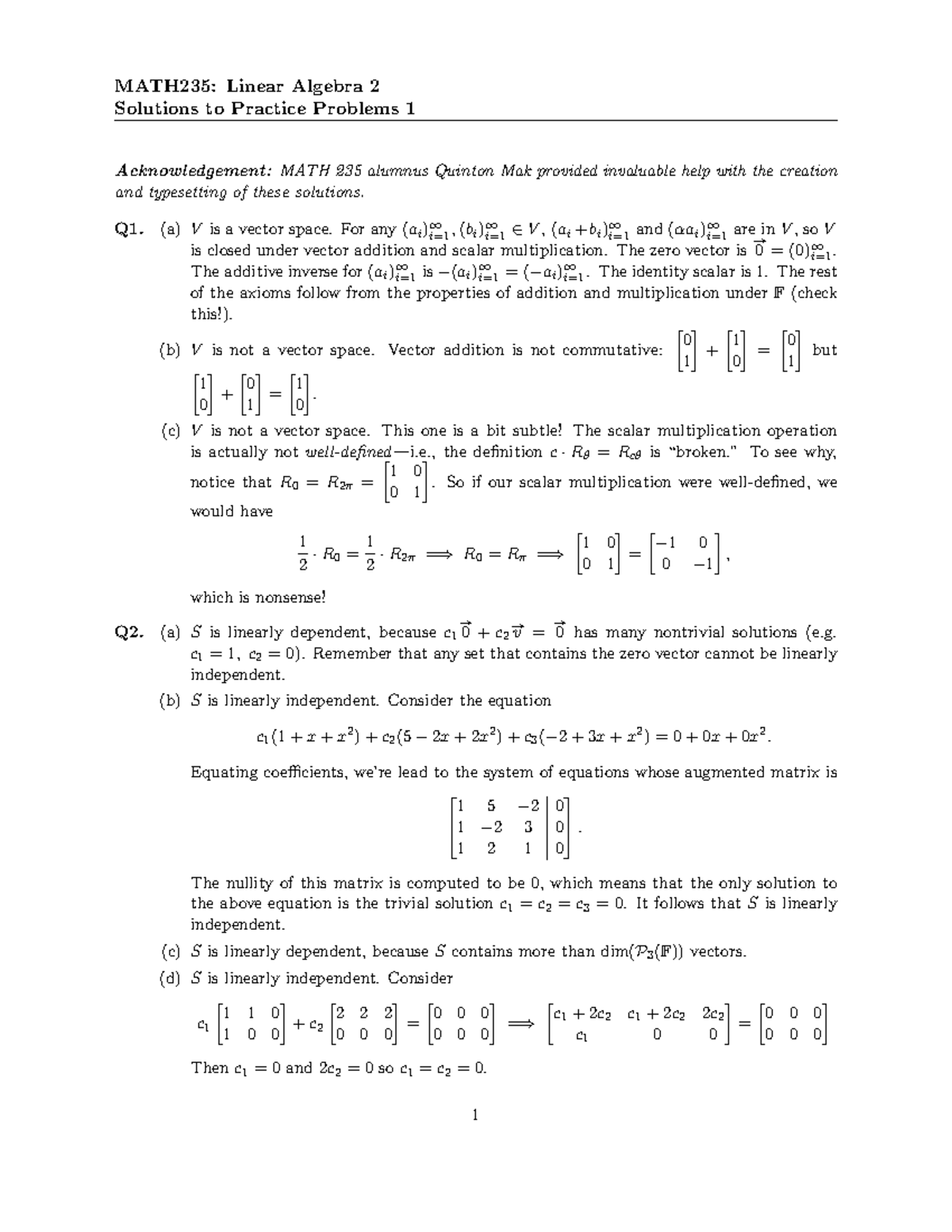 MATH235: Linear Algebra 2 Solutions to Chapter 1 Practice Problems - Studocu