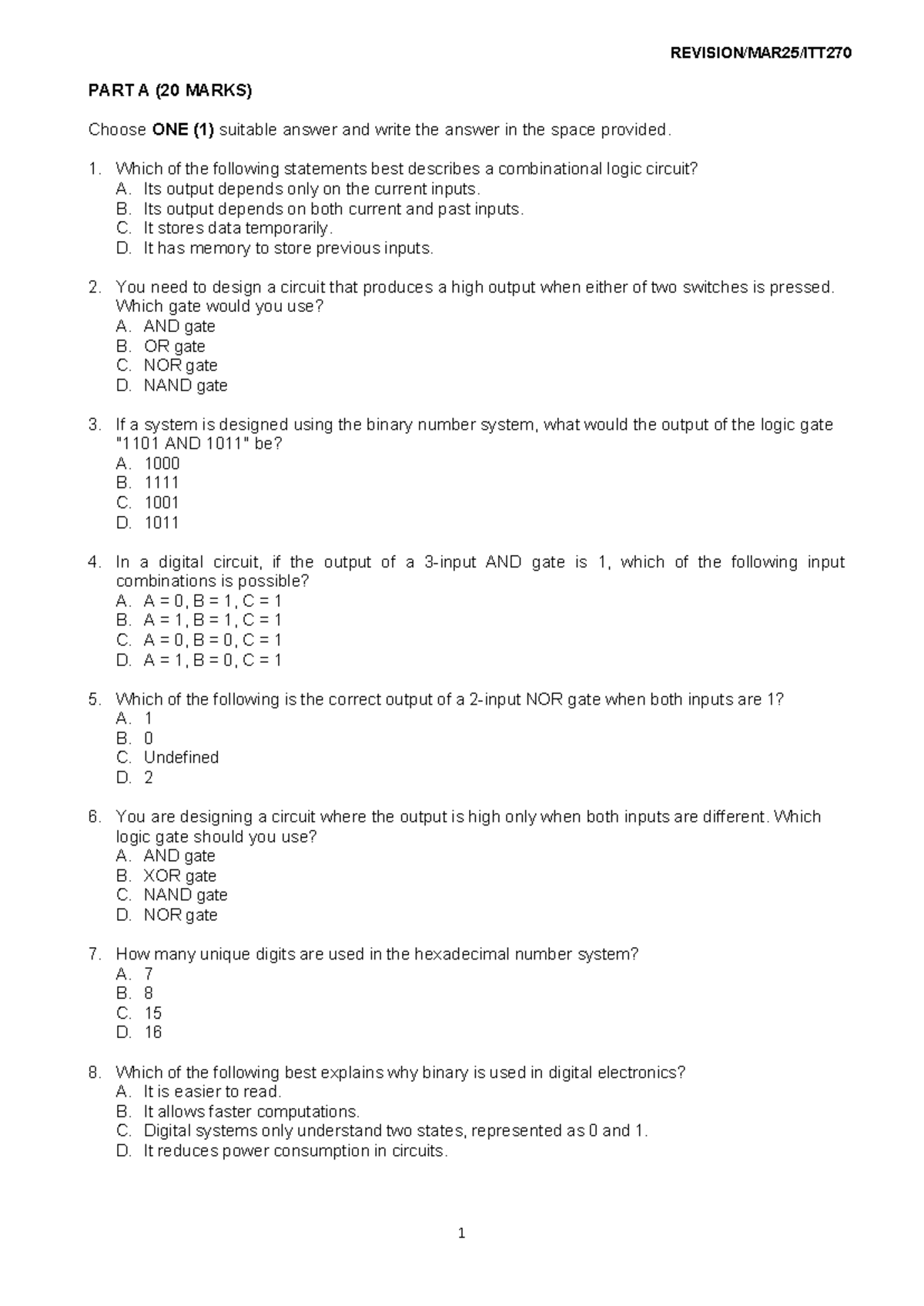 Revision Test - Digital Electronics (CSE 101) - March 2025 - Studocu