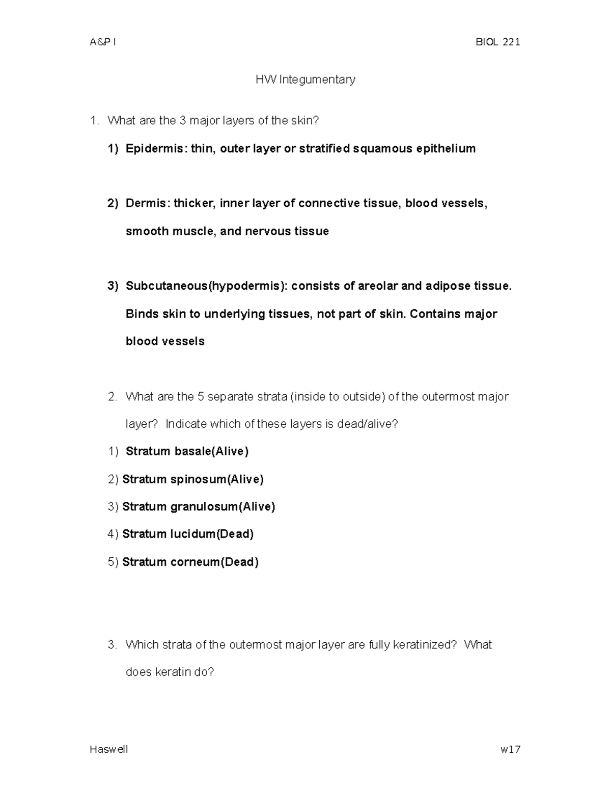 BIOL 221 A&P I: Integumentary System Layers and Functions Overview ...