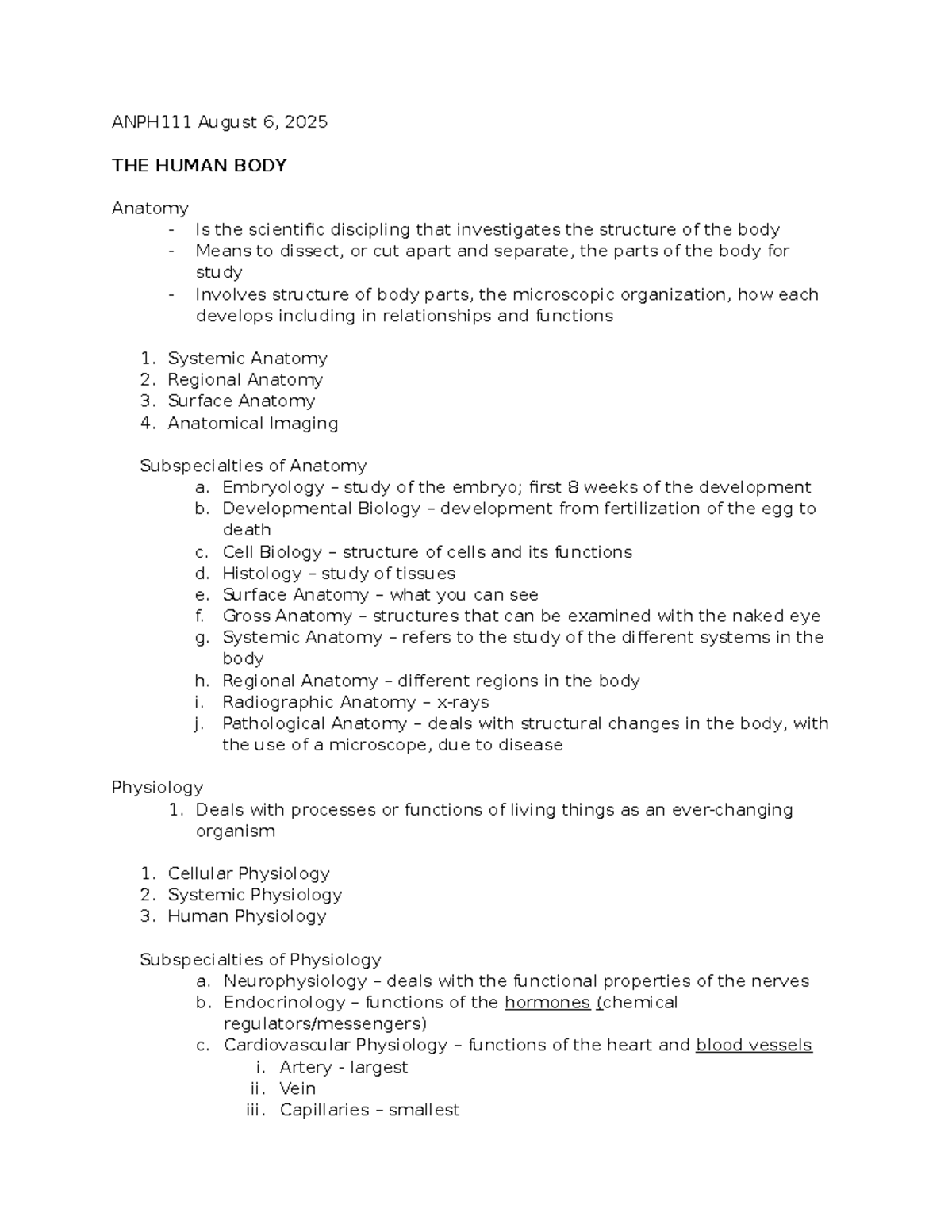 ANPH111 - Human Body Anatomy and Physiology Overview - Studocu