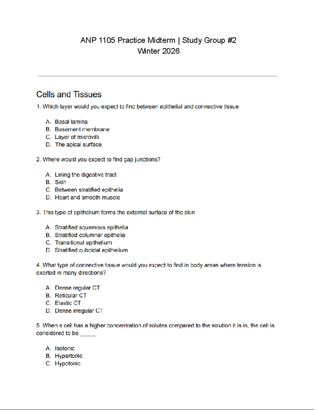 ANP 1105 Practice Midterm Study Guide: Cells and Tissues - Studocu