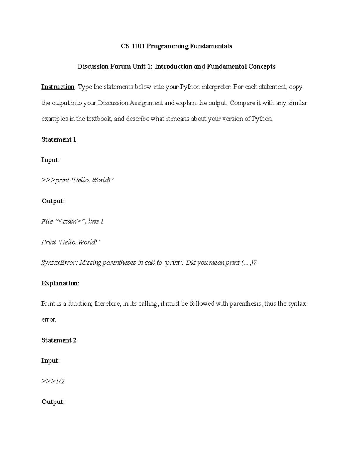 CS 1101 Discussion Forum Unit 1: Intro to Python Concepts & Errors - Studocu