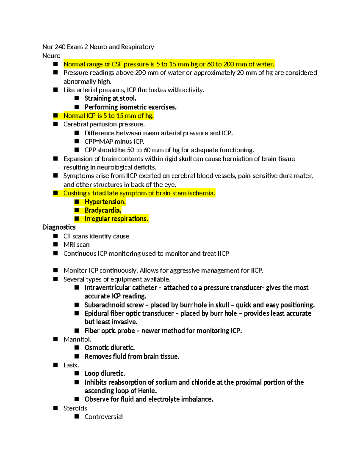 Nur 240 Exam 2 Study Guide: Neuro & Respiratory Systems Overview - Studocu