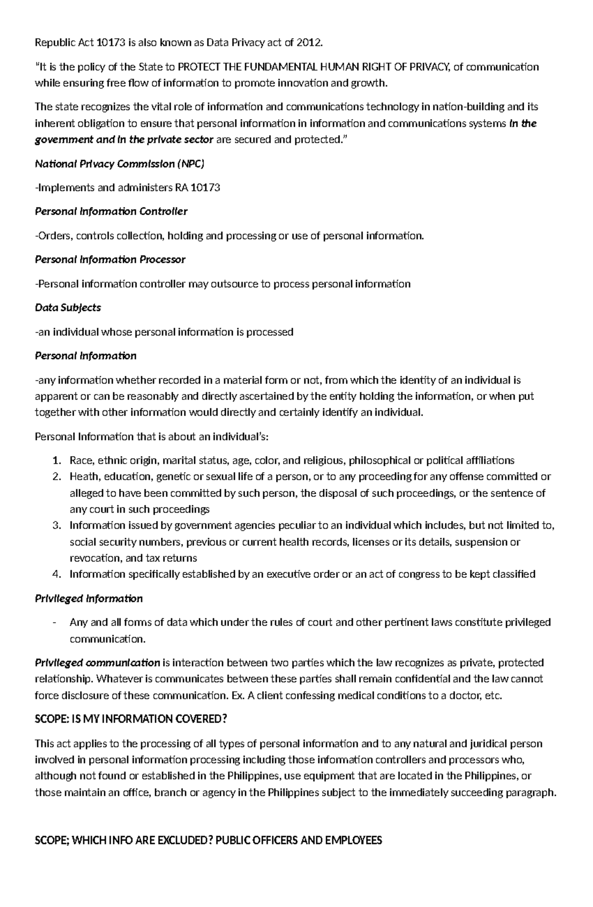 Business Law Reviewer: Overview of Republic Act 10173 - Data Privacy ...
