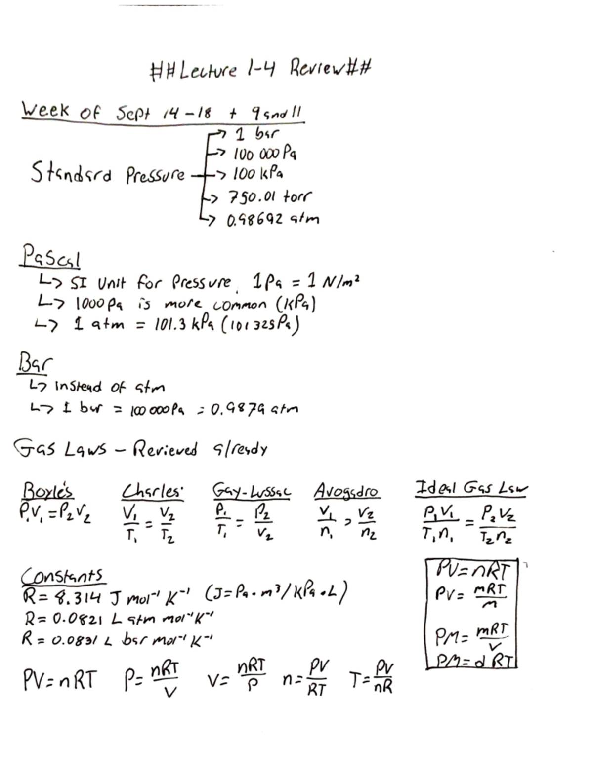Chapter 5 Lecture Review: Gas Laws & Ideal Gas Law Details - Studocu
