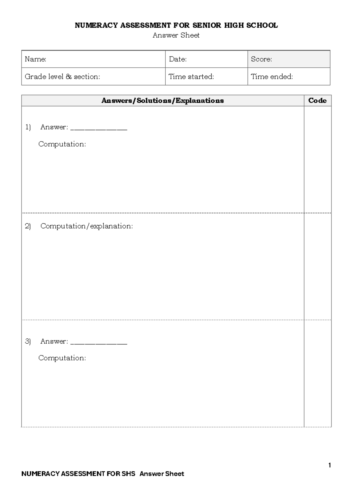 NUMERACY ASSESSMENT FOR SHS - Answer Sheet Compilation - Studocu