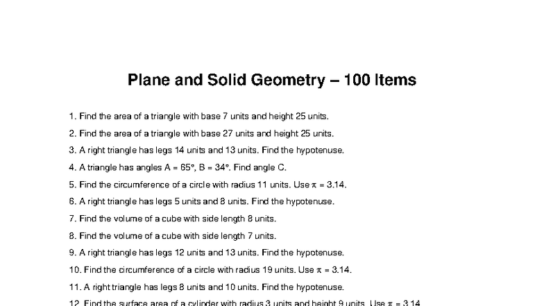 Plane and Solid Geometry: 100 Practice Problems - Studocu