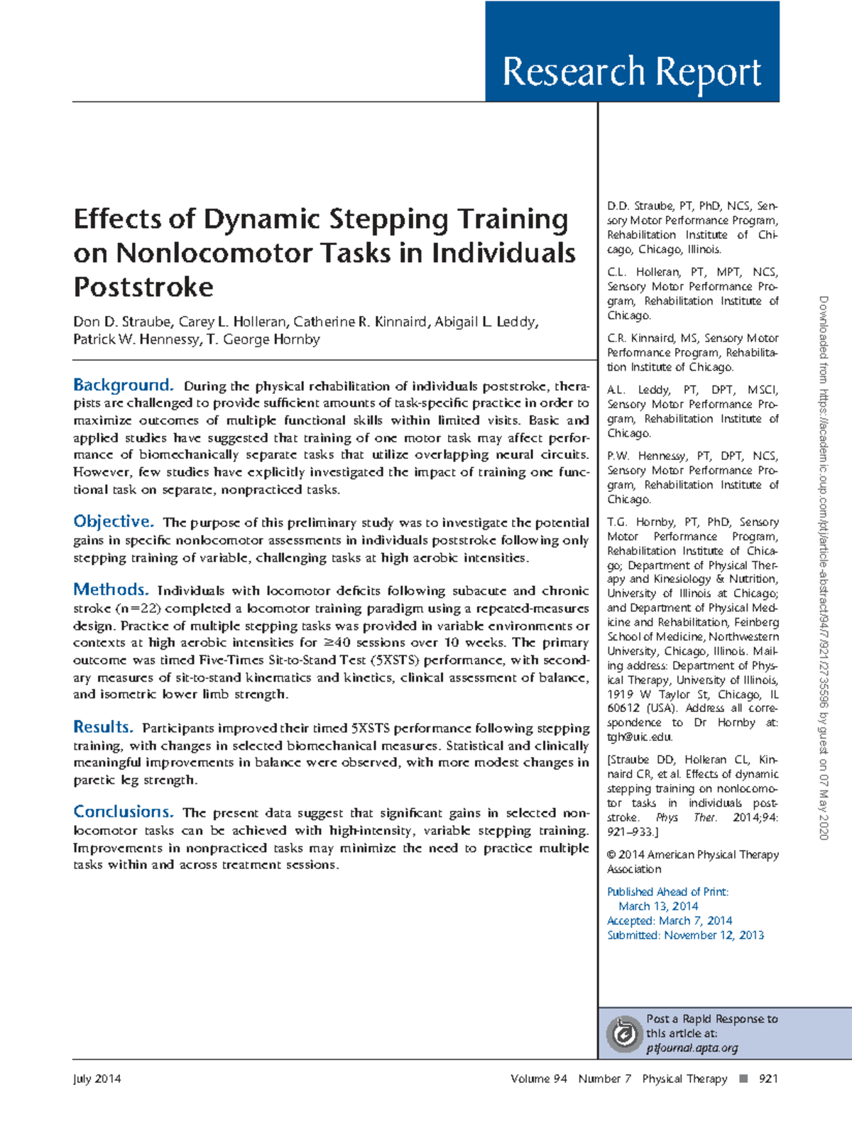 Effects of Dynamic Stepping Training on Nonlocomotor Tasks Post-Stroke ...