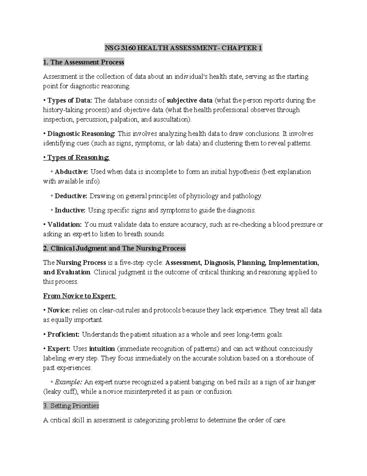 NSG 3160 HEALTH CHAPTER 1 STUDY GUIDE: Assessment & Clinical Judgment ...