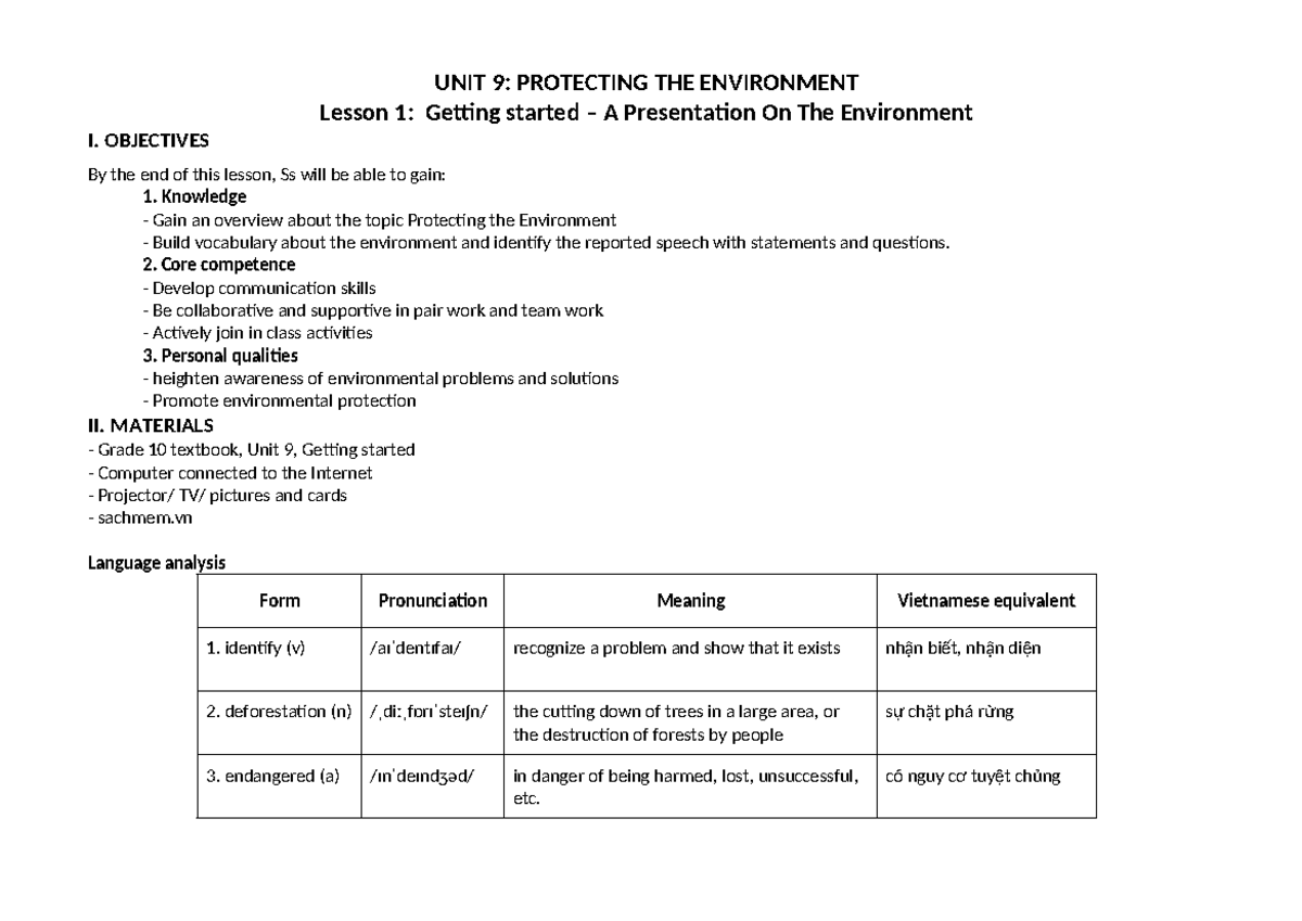 TA10 - Unit 9: Protecting the Environment - Lesson Plan Overview - Studocu