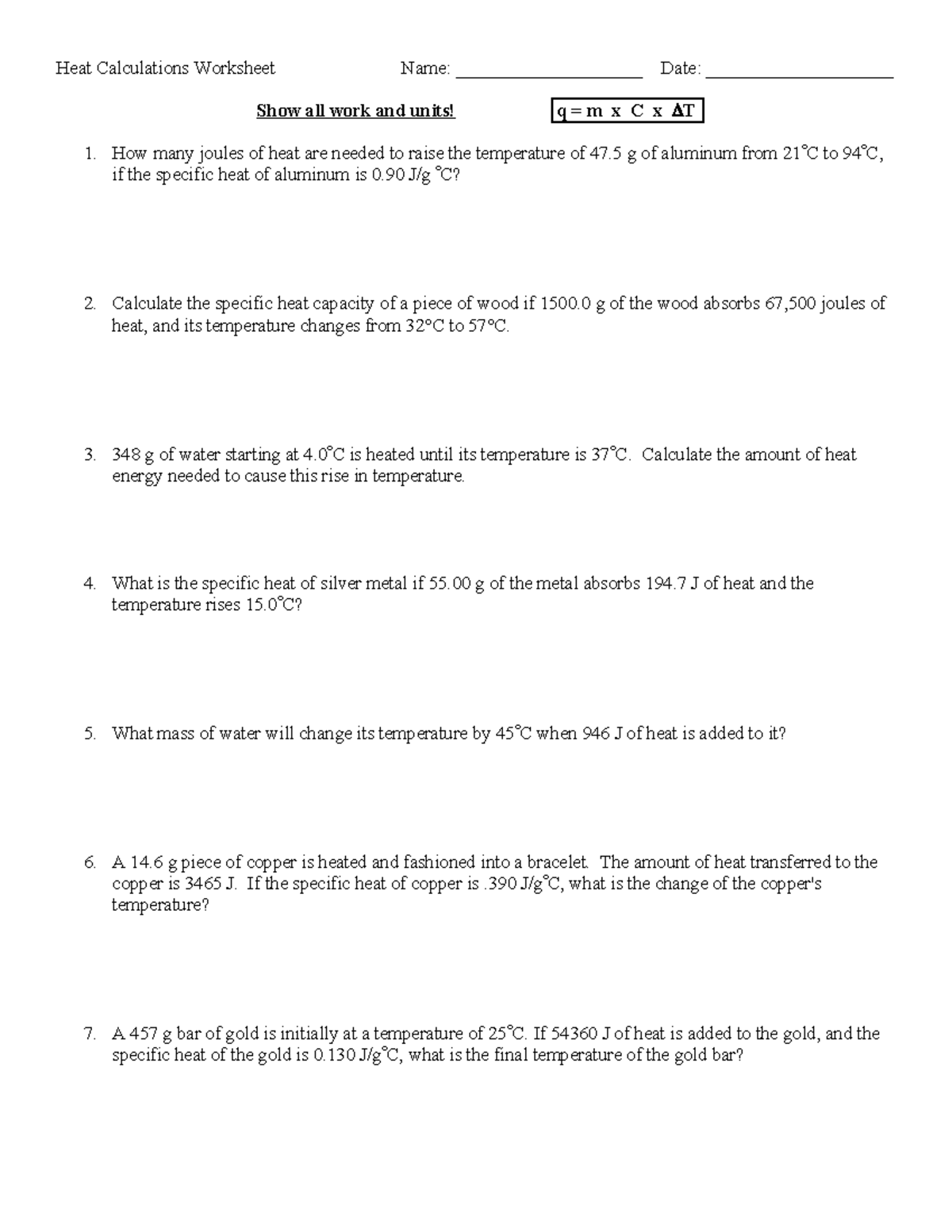 Heat Calculations Worksheet - 348 g of water starting at 4 C is heated ...