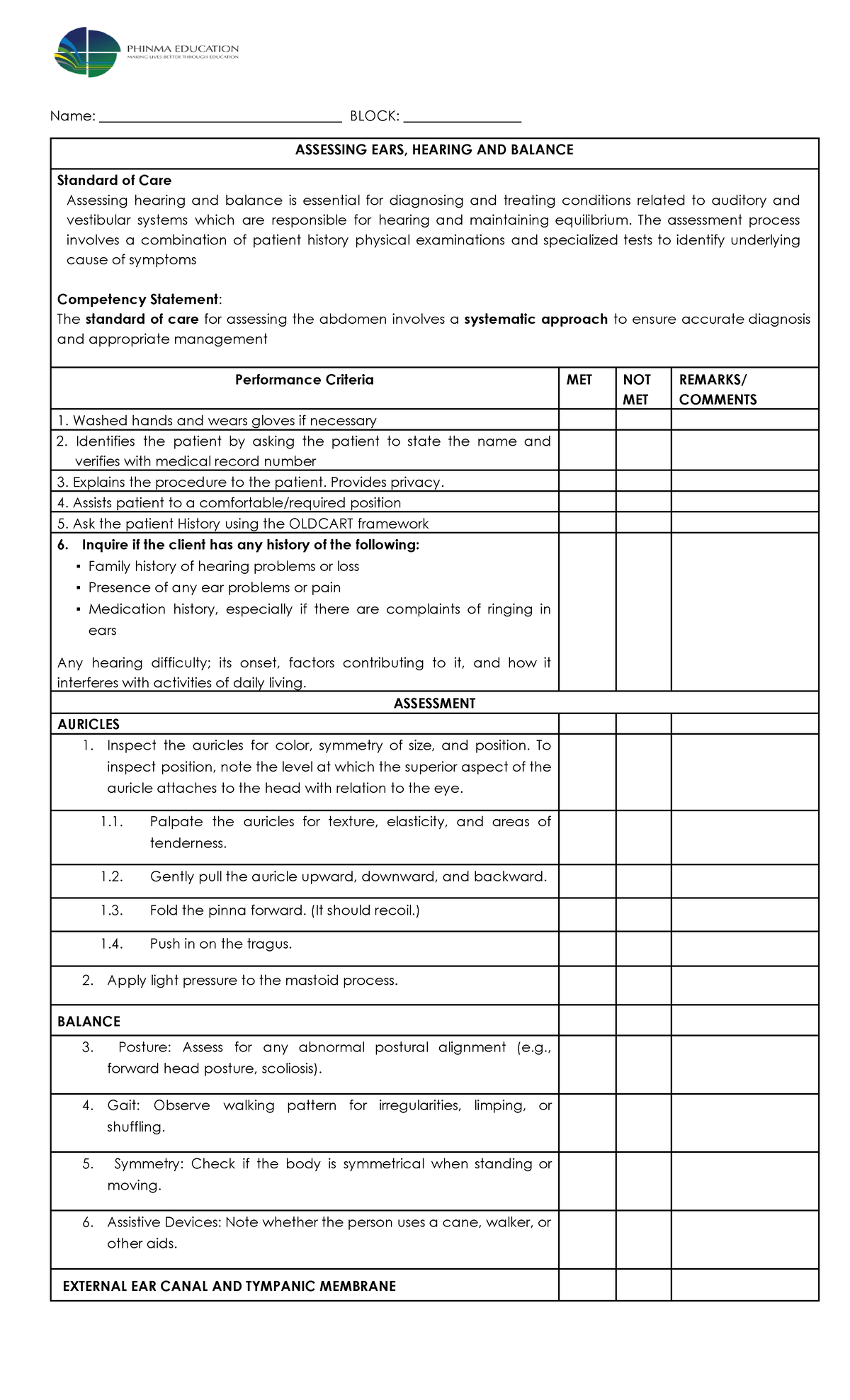 EARS 101: Hearing and Balance Assessment Checklist - Studocu