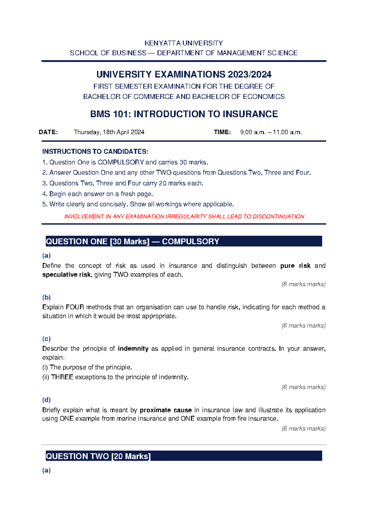 BMS 101: Introduction to Insurance Past Exam Paper - April 2024 - Studocu